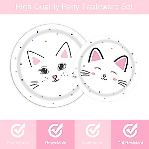 96Pcs Cat Birthday Party Tableware Supplies Animal Theme Dinnerware Set Cat Face Baby Shower Disposable Paper Plates Forks Napkins for 24 Guests Cute Cat Head Birthday Party Favors