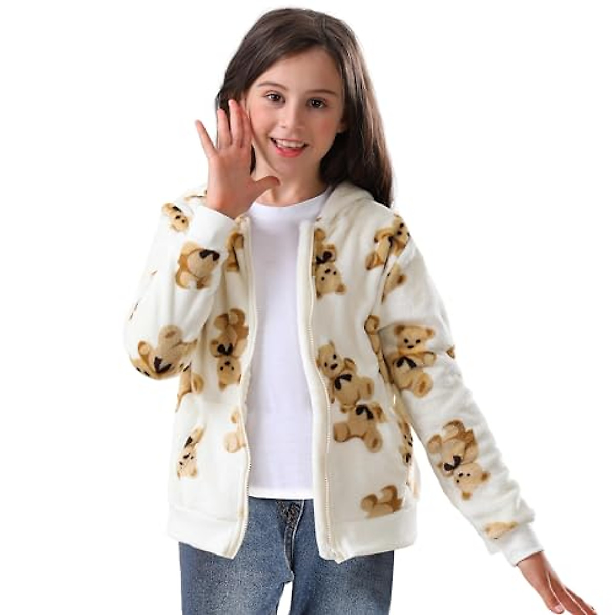 V.&GRIN Girl Zip up Hoodie Sweatshirt Soft Fuzzy Fleece Jacket with Pocket for Girls 5-16 Years(Little Bear10-12)