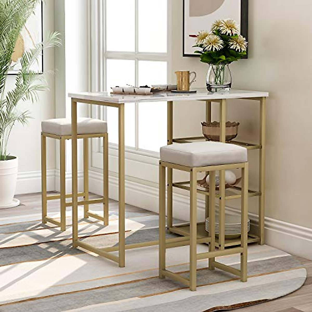 Merax 3-Piece White/Gold Modern Pub Set Counter Height Breakfast Table with 4 Bar Stool for Kitchen Dining Room