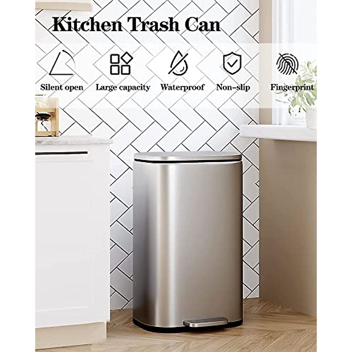Pazidom 13 Gallon Step Trash Can with Soft Close Lid, 50 Liter Stainless Steel Pedal Garbage Bin with Removable Inner Bucket, Tall Rectangular Trash Bin for Kitchen Office Bedroom, Silver
