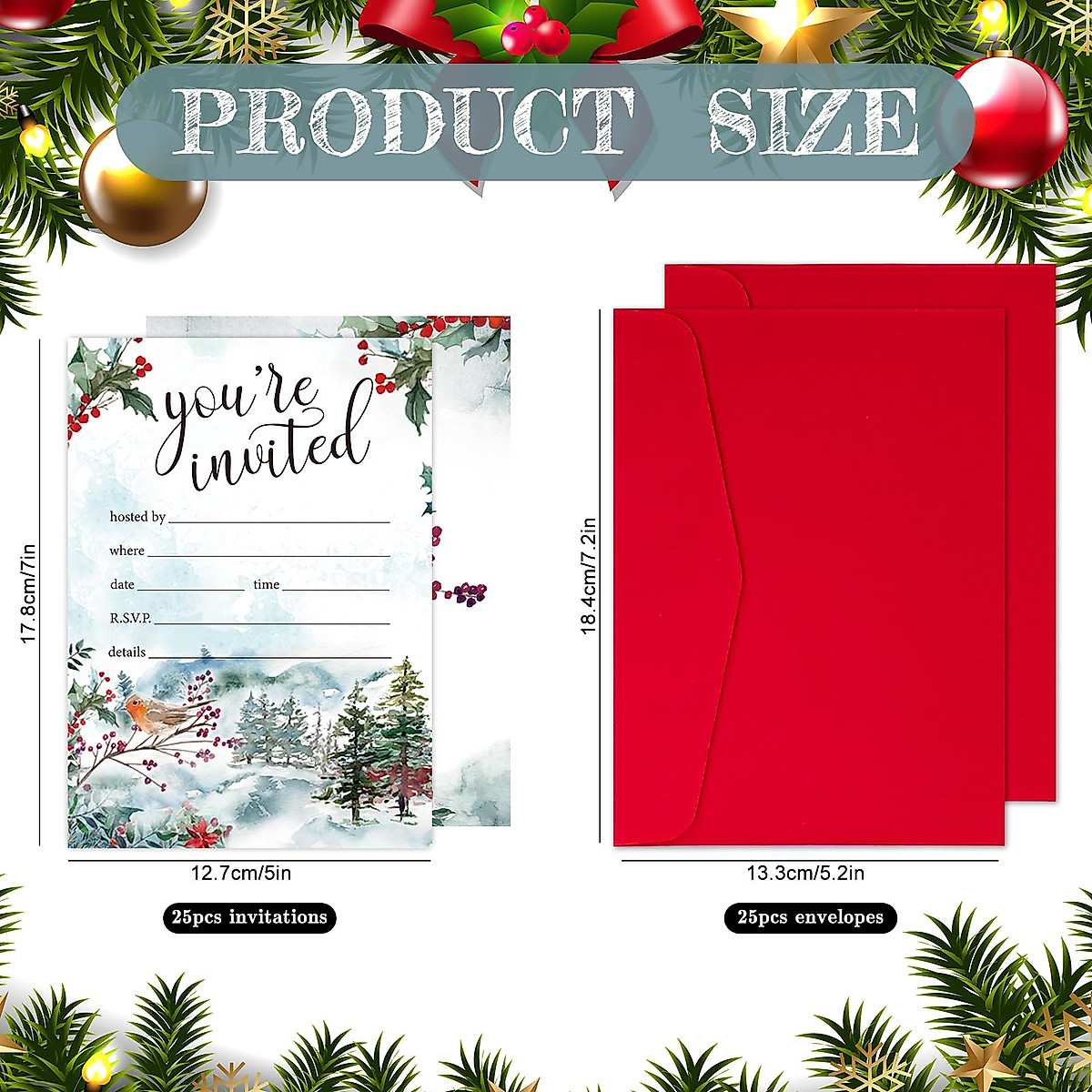 Whaline 25 Pack Christmas Party Invitation Cards Winter Woodland Robin Invitation Paper Cards with Dark Red Envelopes Xmas Holiday Watercolor Animals Party Invites