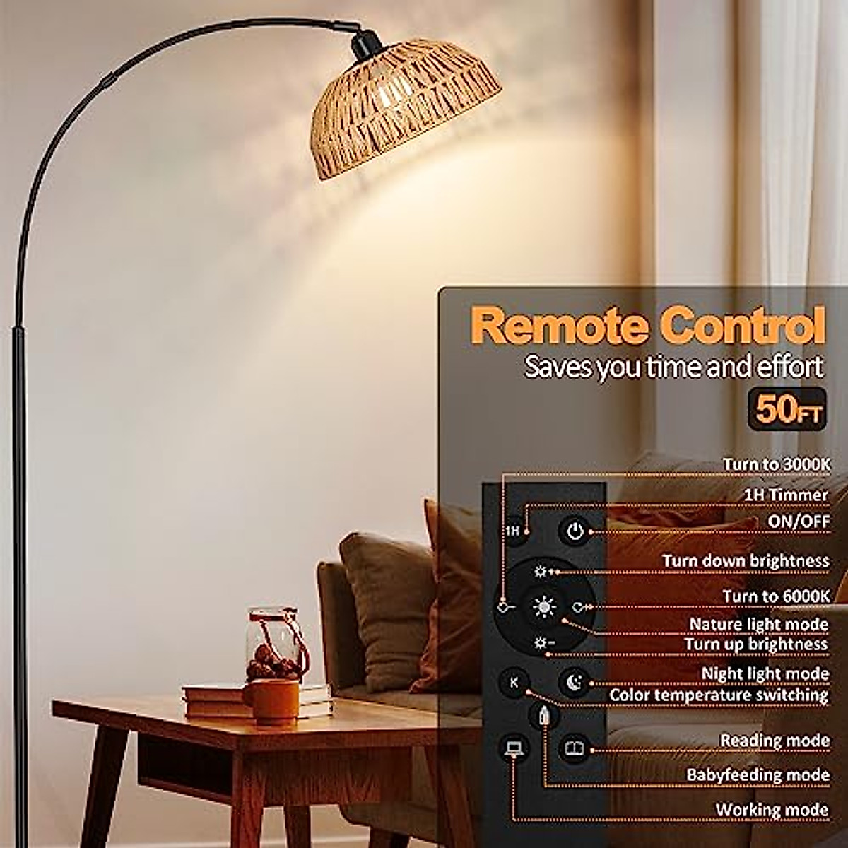 Rattan Floor Lamp- Arc Floor Lamp Boho with Remote and Stepless Dimmable Bulb, 70" Black Arched Standing Floor Lamp with 360° Adjustable Rattan Lampshade, Farmhouse Over Couch Lamp for Living Room