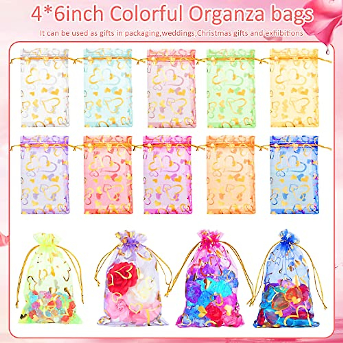 200 Pcs Organza Bag 4 x 6 Inch Small Organza Jewelry Bags Sheer Heart Organza Bags with Drawstring Party Favor Mini Mesh Pouch for Wedding Baby Shower Christmas Valentine Party Gift, 10 Colors