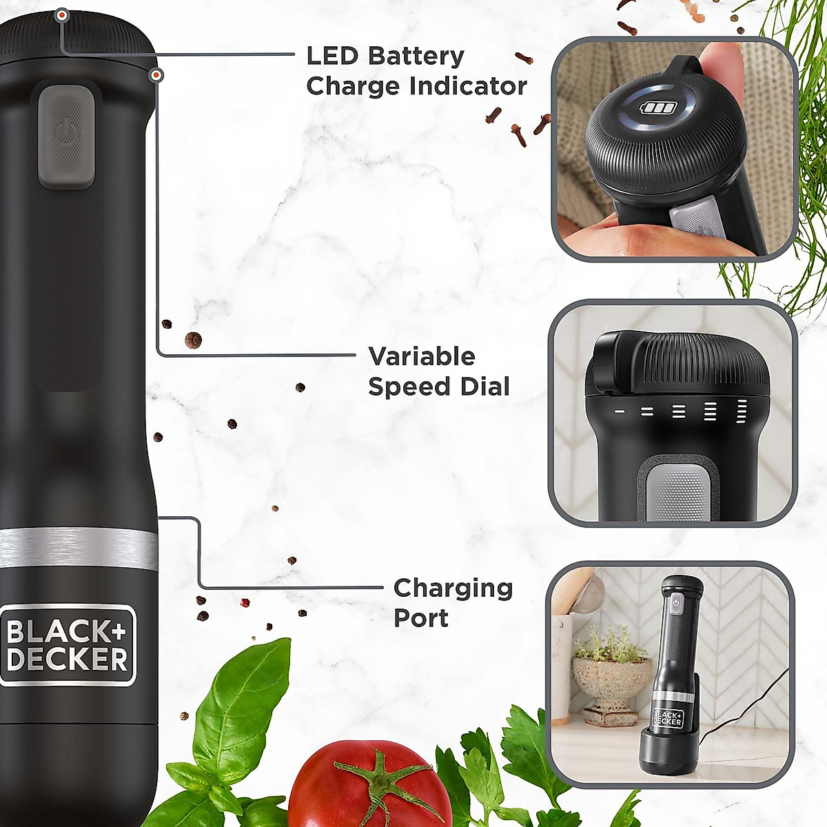 BLACK+DECKER Kitchen Wand Cordless Immersion Blender, 4 in 1 Multi Tool Set, Hand Blender with Charging Dock, Black (BCKM1014K10)