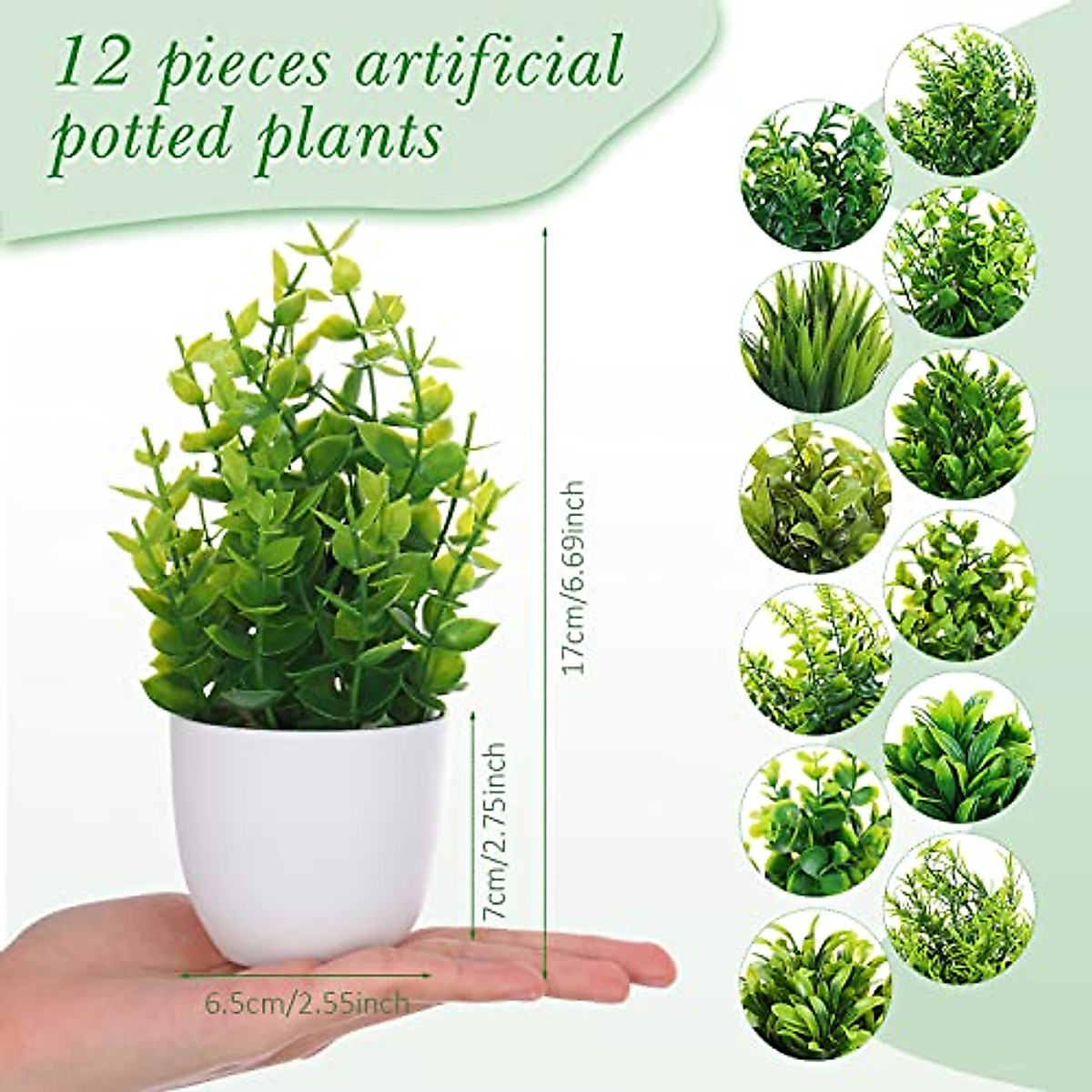 XunYee Small Fake Plants Mini Faux Plants for Office Desk Potted Artificial Plants Flowers Indoor Plastic Plant Decor Aesthetic Greenery Desk Plant for Home Bathroom (White Pot, Greenery, 12 Pack)