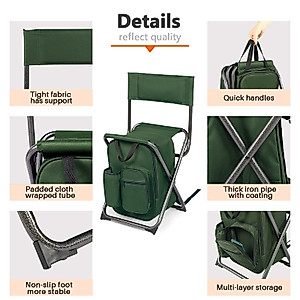 PORTAL Lightweight Backrest Stool Compact Folding Chair Seat with Cooler Bag and Backpack Straps for Fishing, Camping, Hiking, Supports 225 lbs