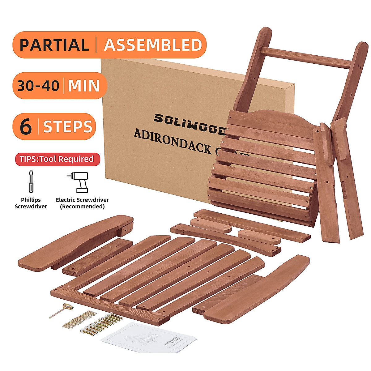 Oversize Wooden Folding Adirondack Chair, Half Pre-Assembled Wood Lounge Chair for Outdoor Patio Garden Lawn Backyard Deck Pool Beach Firepit