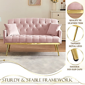 Antetek Upholstered Velvet Loveseat Sofa, Modern Small Sofa Couch with Side Pocket and Golden Metal Legs, Tufted Leisure Sofa for Living Room, Bedroom, Office, Pink