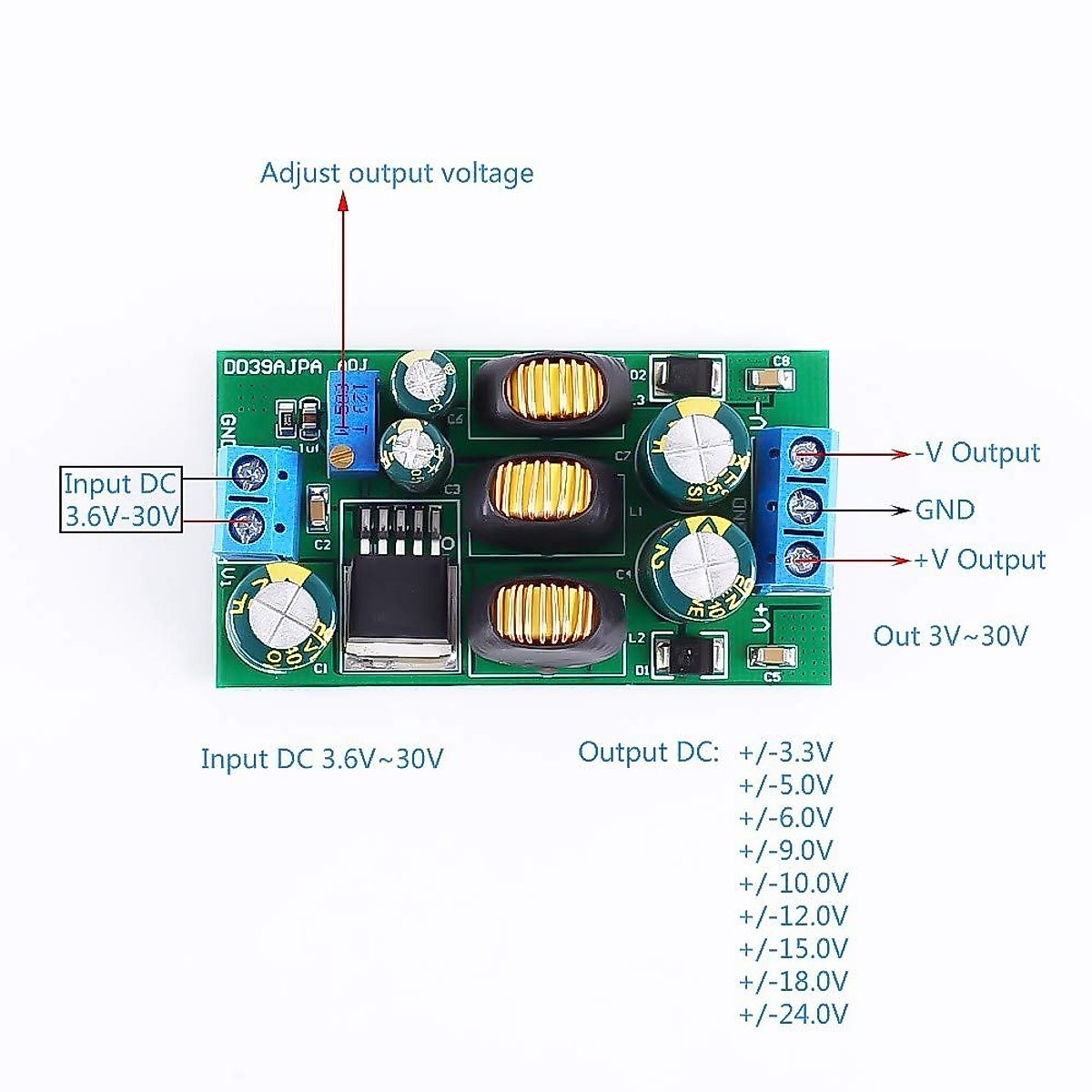 Boost Buck Voltage Converter, DC-DC 5V-24V to +/-3V-30V Step UP Down Power Supply Module Adjustable 20W Positive Negative Dual Output Voltage Charging Converter for Amplifier