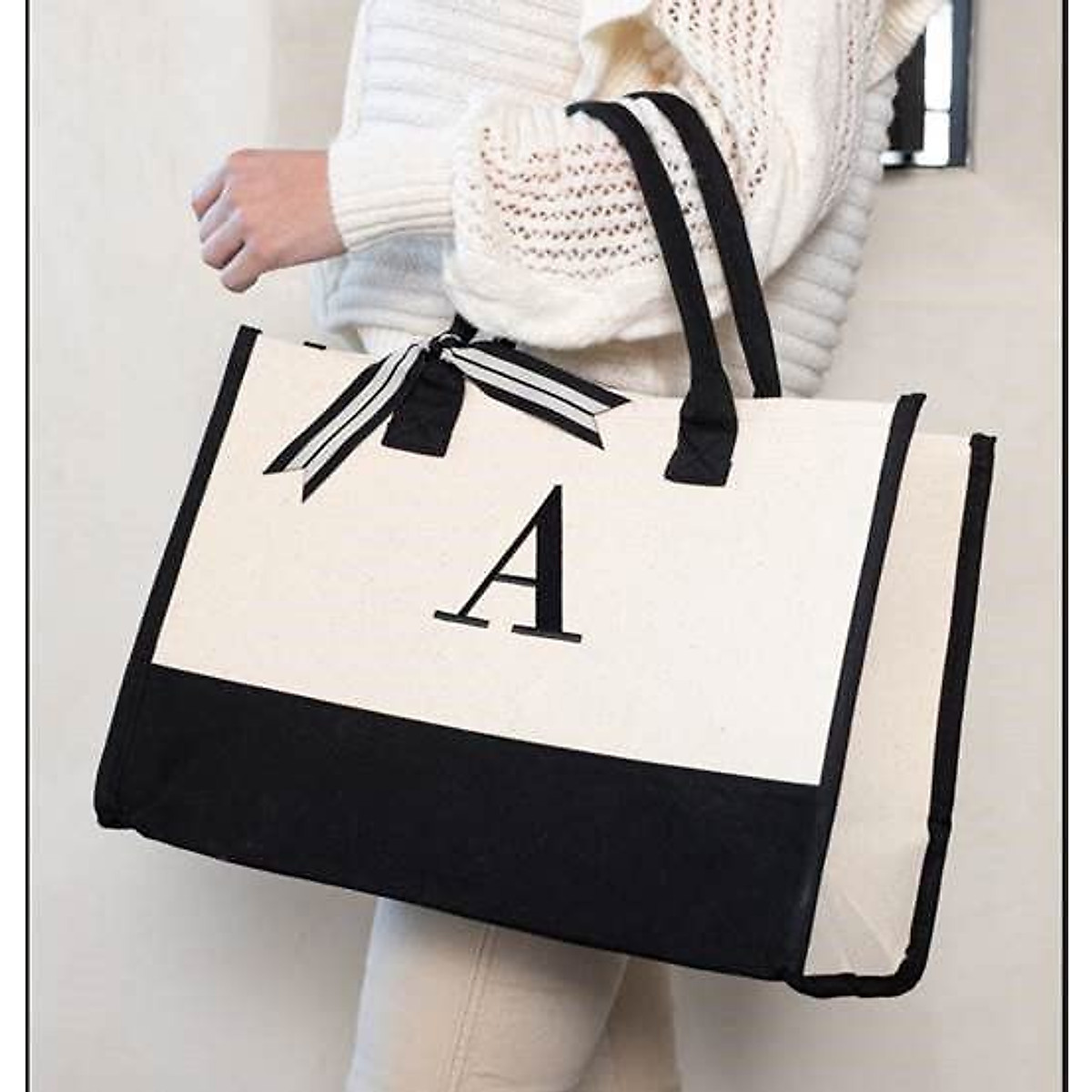 Mud Pie Classic Black and White Initial Canvas Tote Bags (A), 100% Cotton, 17" x 19" x 2"