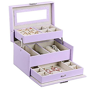 BEWISHOME Girls Jewelry Box Jewelry Organizer with Lock Mirror Jewelry Display Storage Case Holder Portable Travel Case for Women Girls Kids Purple SSH77P