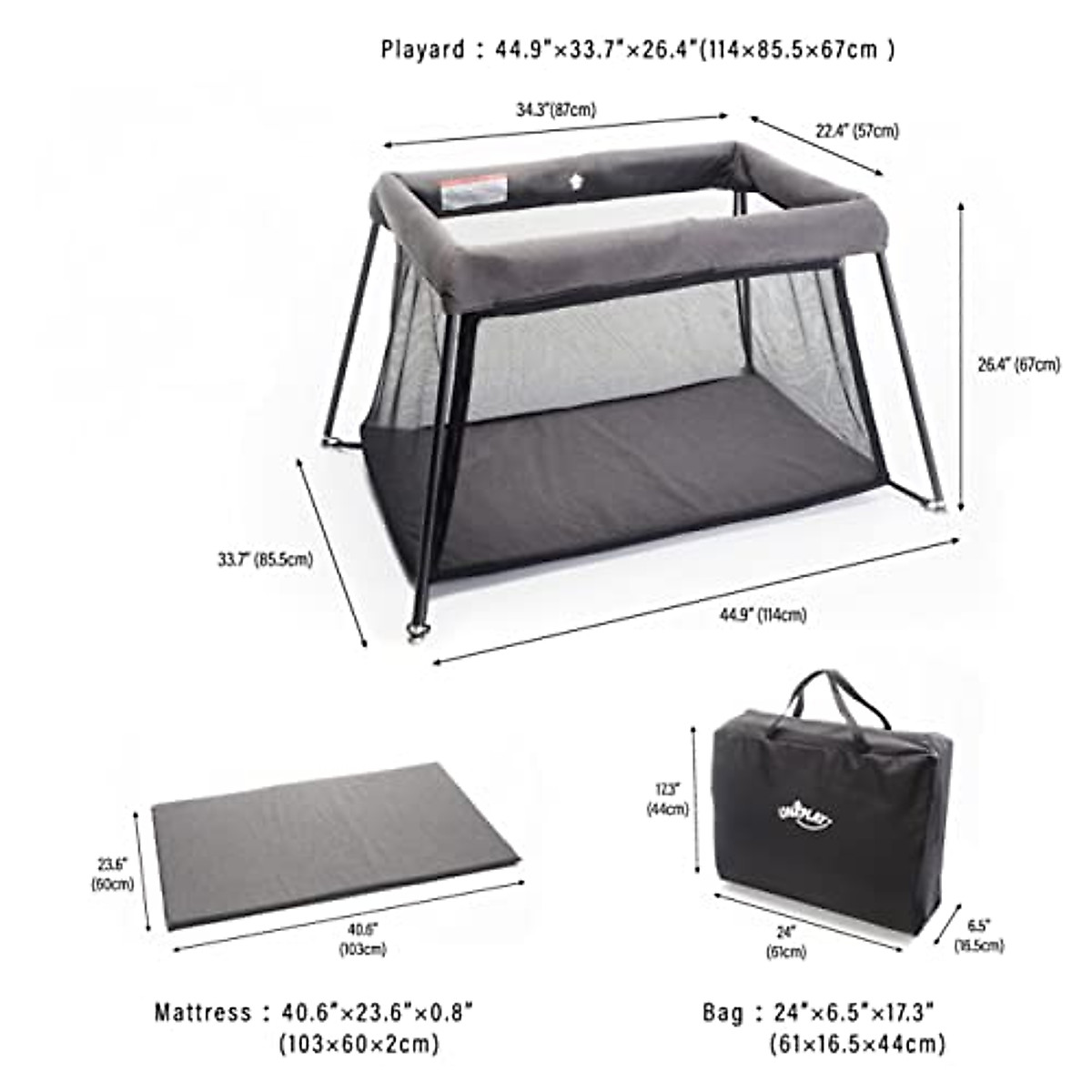 UNiPLAY Foldable Travel Crib, Lightweight Portable Playpen, Easy to Pack Playard with Comfortable Mattress and Breathable Mesh Liner for Infants and Toddlers