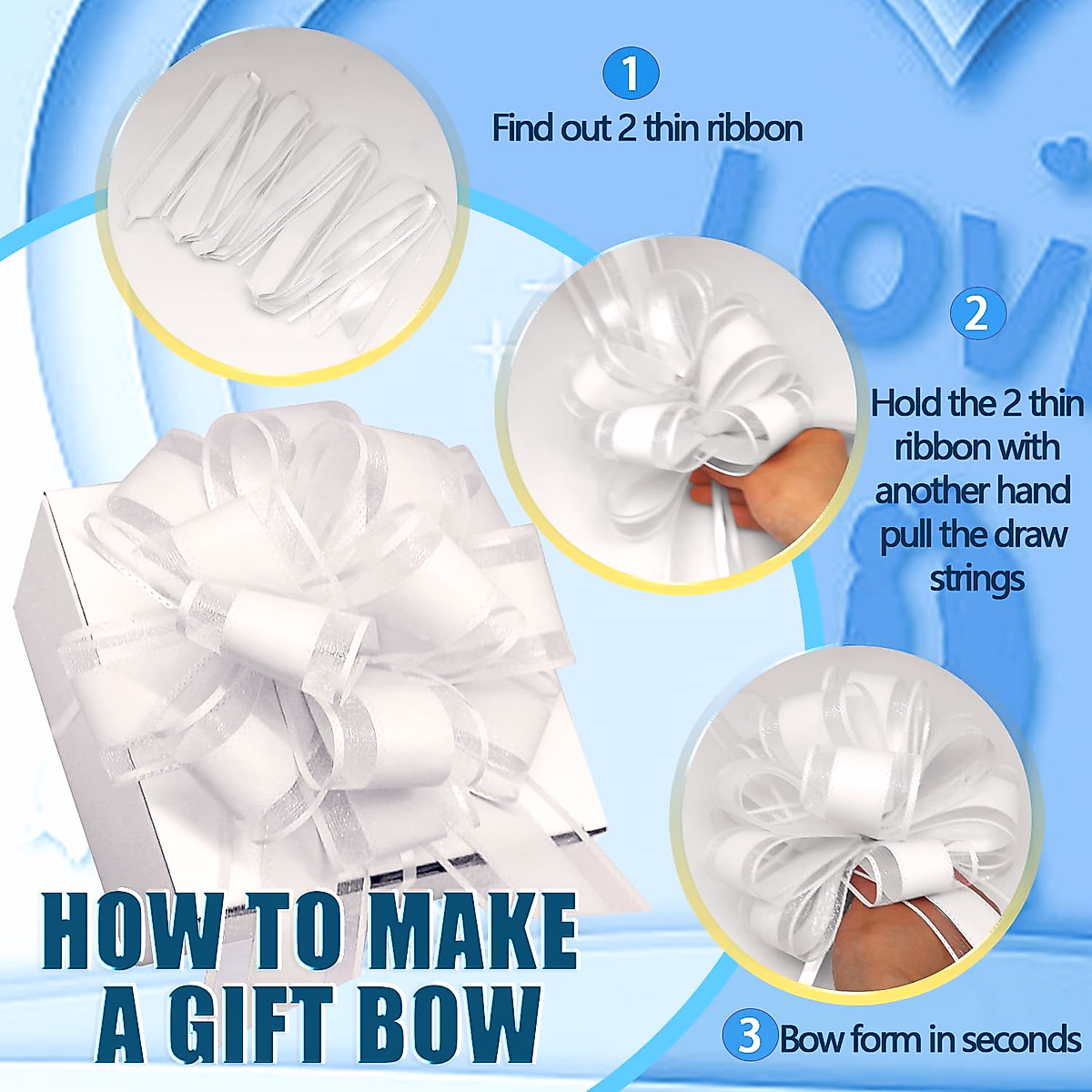 FQTANJU 5 PCS 6 inches Large Pull Bows, Bow for Gift Wrapping, Ribbon Bows for Wedding Christmas Birthday Party Gift Baskets or Valentine's Day Flower Gift Boxes Decoration (White)