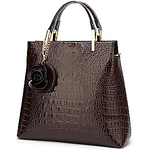 ZiMing Women Handbags Top Handle Tote Bags Satchel Handbag Glossy Patent Leather Shoulder Bag Premium Purses(Rose Pendant)-Coffee
