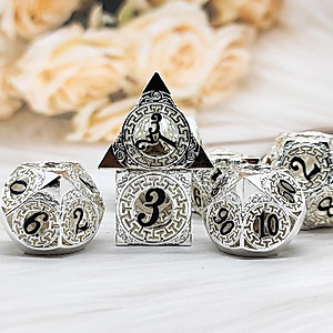 Metal Dice Set 7pcs DND - Table Game RPG Hollow Dice Silver and Black, with Metal Gift Box, Suitable for Dungeon and Dragon D&D MTG, Math Teaching, Polyhedron D4 D6 D8 D10 D10％ D20