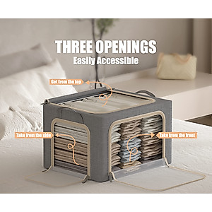 3 Openings Clothes Storage Bins with Metal Frame, Foldable Storage Bin for Clothes, Clothing Storage Bins with Lid, Linen Storage Box With Clear Window＆ Zippers＆ Durable Handles.(3 Pcs,Light Grey,40L)