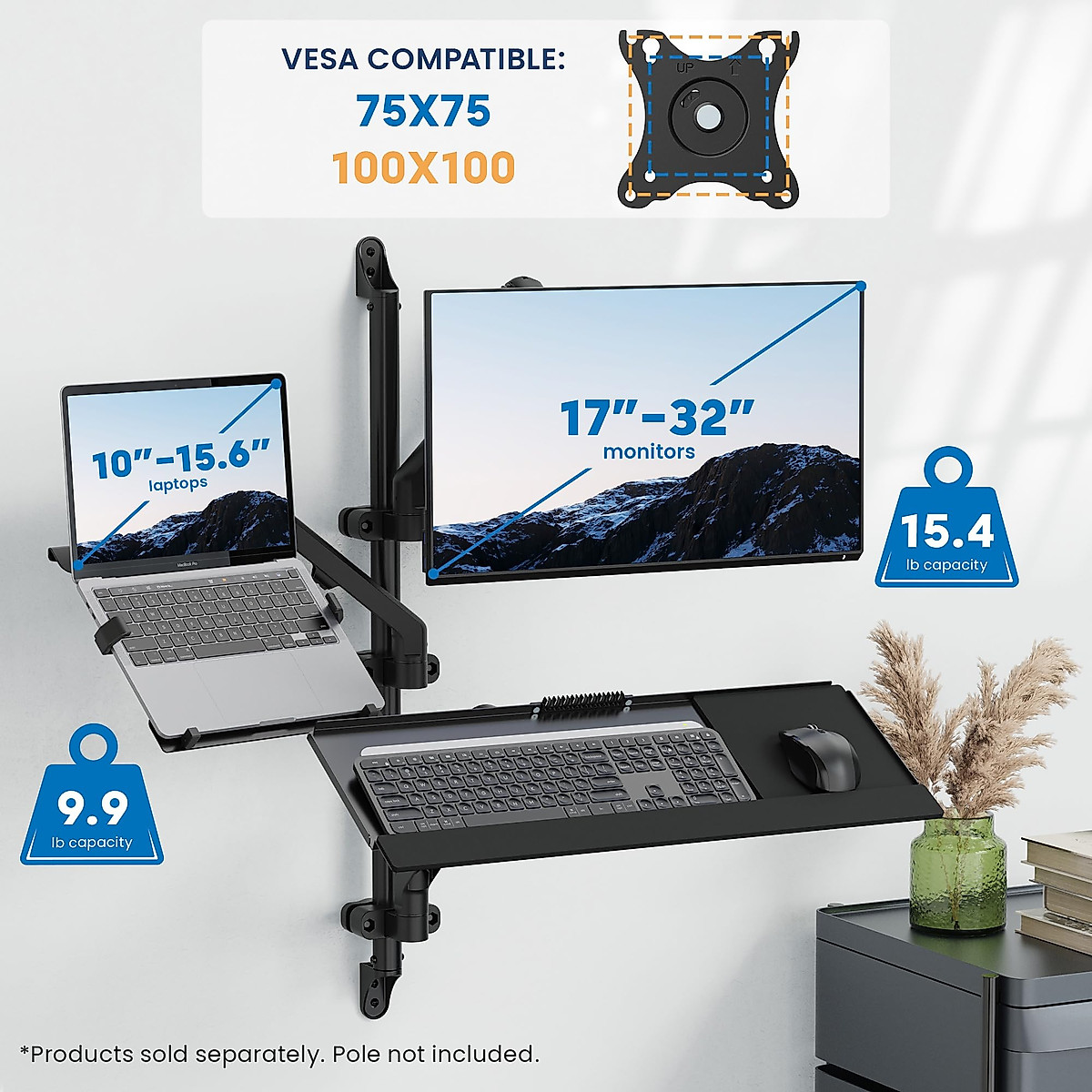 Mount-It! Keyboard Mount for Wall or Pole Mounting, Keyboard and Mouse Stand, Tray with Full Motion Swivel, Spring Arm, Easy Adjustments Tilt and Extension