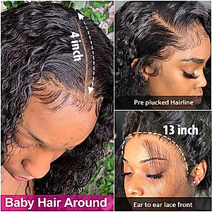 Water Wave Lace Front Wigs Human Hair Pre Plucked Baby Hair HD Transparent Wet and Wavy Lace Wigs 180% Density Brazilian Glueless 13x4 Water Wave Lace Frontal Wig Natural Hairline Natural Black 20Inch