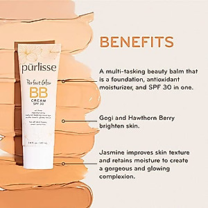purlisse Perfect Glow BB Cream SPF 30: Clean & Cruelty-Free, Medium Flawless Coverage, Hydrates with Jasmine | Light 1.4oz