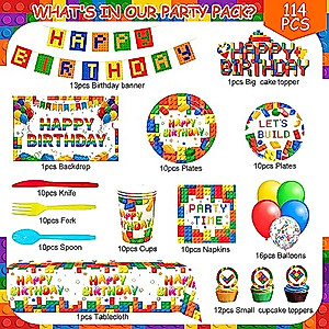 Building Blocks Birthday Party Supplies,114pcs Building Block Party Decorations&Building Blocks Tableware Set - Building Blocks Party Plates Napkins Backdrop Balloons etc Building Block Party Supplies