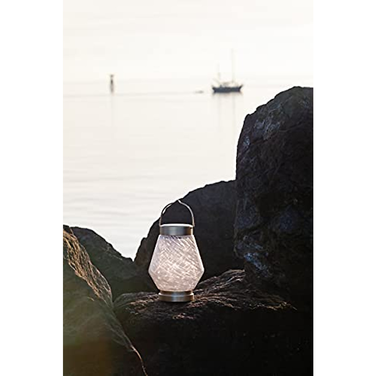 Allsop Home and Garden 30673 Solar Boaters Lantern Oval, Handblown Glass with Solar Panel and LED Light, Weather-Resistant for Outdoor Deck, Patio, Garden, Oval/White, 1-Count