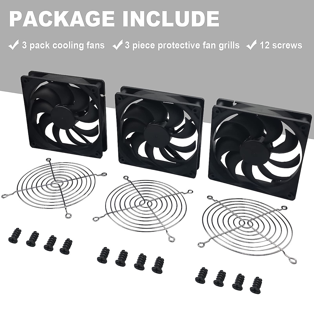 3-Pack 120mm 12V DC High Airflow Computer PC Case Fan 120x120x25mm Triple 3Pin 4.72inch Dual Ball Bearing Brushless Exhaust Cooling Fan for Mining Rig Frame Rack Air Miner PSU with Metal Guard 3000RPM