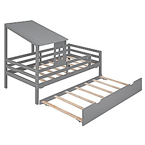 DHHU House Bed with Trundle, Window and Roof, Twin Size Low Loft Bed with Trundle, Wooden Bed Frame for Boy Girl Kids Toddler, Grey