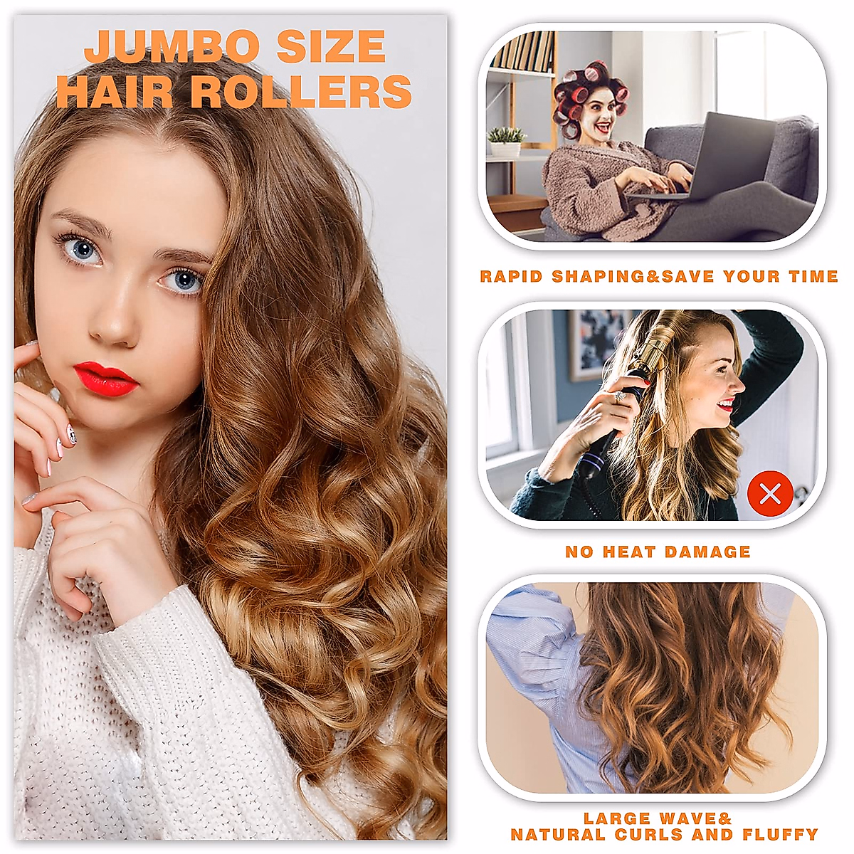 Velcro Jumbo Rollers Set for Volume and Curls - 47Pcs with 3 Sizes (Large, Medium, Small), Roller Clips, and Comb for All Hair Types and Lengths