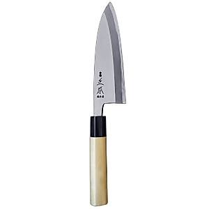 MASAMOTO KS Japanese Deba Knife with Sheath 6.5" (165mm) [HONBAZUKE] Made in JAPAN, Professional Heavy Duty Knife for Fish, Ultra Sharp Japanese Carbon Steel Blade, Wood Wa Handle, Black Ferrule