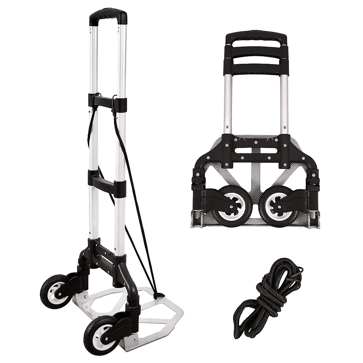 RedSwing Folding Hand Truck, 165lbs Capacity Lightweight Portable Hand Cart with Bungee Rope and 2 Rubber Wheels, Heavy Duty Foldable Hand Dolly for Home Shopping，Moving，Travel，Office ，Silver