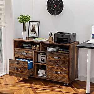 VINGLI Wide 4 Drawer File Cabinet with Lock, Wood Lateral File Cabinet with Open Shelves, Lockable Rolling File Cabinets for Home Office, Dark Brown File Cabinet Printer Stand, Letter Sized