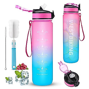 West Biking 32 oz Water Bottle with Time Marker and Straw, Motivational Water Bottles with Clean Brush, Leakproof & BPA Free, Drinking Sports Water Bottle for Fitness Gym Outdoor