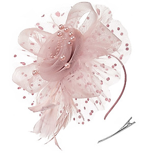 Zivyes Blush Pink Fascinators Hat for Women Tea Party Headband Kentucky Derby Wedding Cocktail Flower Mesh Feathers Hair Clip