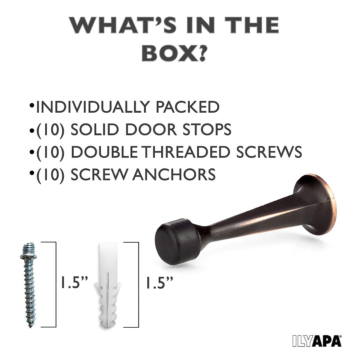 Ilyapa Solid Door Stops - 10 Pack 2 ? Inch Heavy Duty Door Stop - Traditional Solid Door Stop - Oil Rubbed Bronze with Rubber Bumper, Durable Door Stoppers, Door Stoppers for Wall