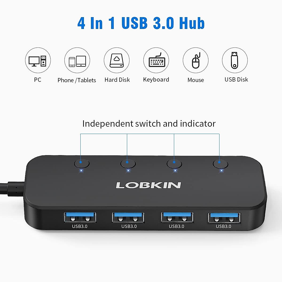 USB Splitter for Laptop LOBKIN 4-Port USB Hub 3.0 with Separate ON Off Swich Slim Multiple Port Expander for Keyboard and Mouse Flash Drive Mobile HDD PC Mac
