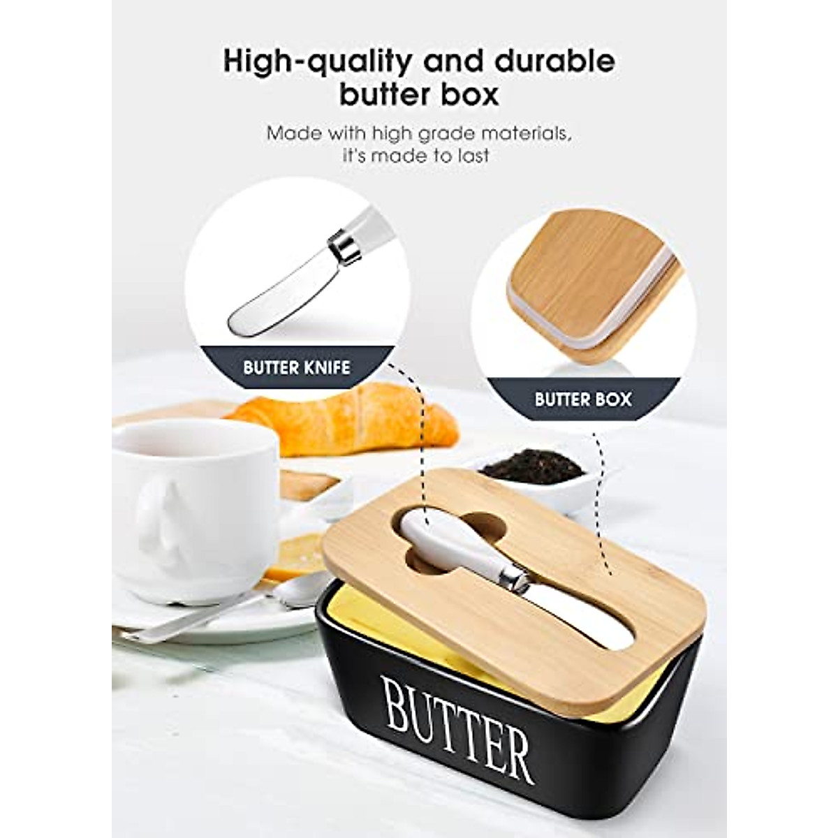AISBUGUR Large Butter Dish with Lid Ceramics Butter Keeper Container with Knife and High- quality Silicone Sealing Butter Dishes with Covers Good Kitchen Gift Black