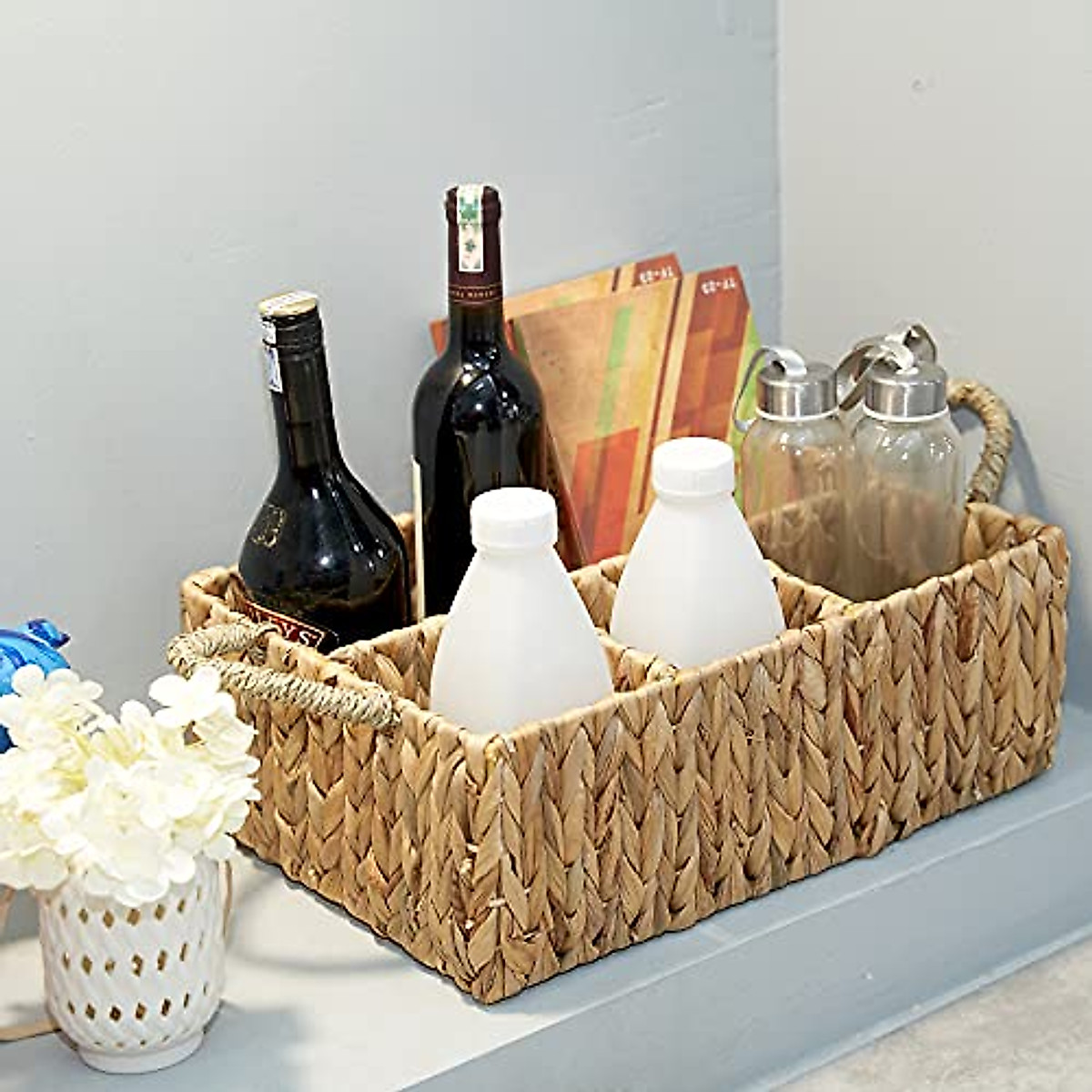 Wicker Divided Storage Basket Woven Natural Basket Hyacinth for Organizing Bathroom Kitchen Shelves Office Supplies Organization Everyday Wicker Storage Baskets 4 Section Rectangular Tray
