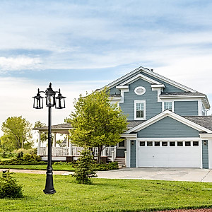 ZJOJO Outdoor Post Light, Triple-Head LED Street Light, 2700K, 1100lumens, Vintage Clear Glass Shade Lamp Lights Fixture for Garden Backyard Patio Walkway, Black-8099