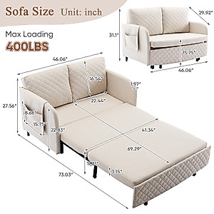 Antetek Sleeper Sofa Bed, 46-inch Modern Linen Loveseat Sleeper Sofa Couch with Pull-Out Bed, Small Love seat Sofa Single Bed with a Detachable Side Pocket for Living Room, Office, Beige