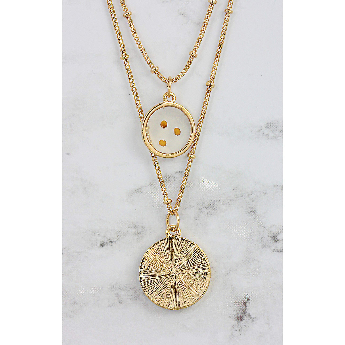 American Coin Treasures Double Chain Necklace Widow's Mite Coin Pendant with Mustard Seed Charm | Saturn Style 18 and 16 Inch Goldtone Chain | Certificate of Authenticity