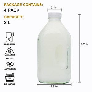 Accguan 2 Quart Glass Milk Bottles, 67oz Glass Bottles with Lids,Reusable Glass Bottles Suitable for Milk, Juice, Beverage, Party, Weddings, Shower Supplies and Gifts(4 pcs)