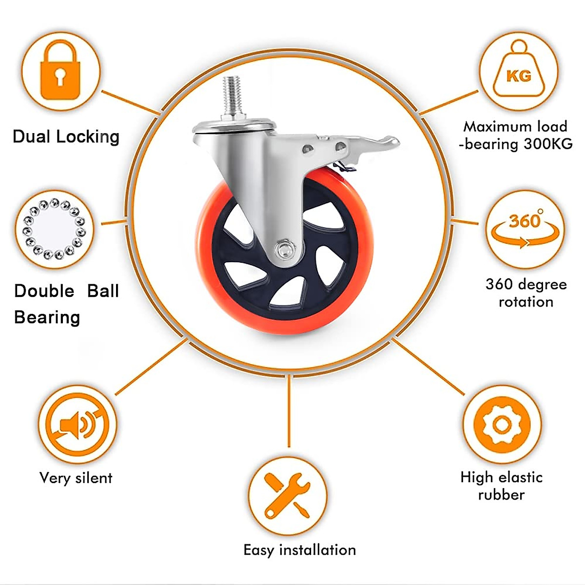 5 inch Casters Heavy Duty Swivel Threaded Stem Caster Wheels with Threaded Diameter 1/2''-13x1'' Length 1 Inch Thread Dual Locking Wheel with Brakes Pack of 4 (5 inch)