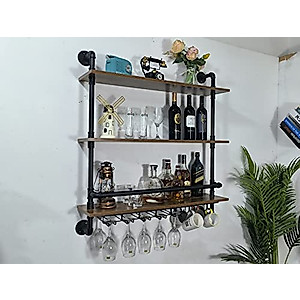 Wall Mounted Wine Rack with Bottle and Glass Storage, 3 Tier Wood Shelves and Cup Holders, Black