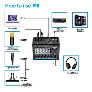 Viiart Wireless Audio Mixer Sound Board-6 Channel Digital Bluetooth USB Computer Compatible Input DJ Controller Sound Mixer 48V Phantom Power Microphone in,Headphone Jack Stereo DJ Streaming(M6)