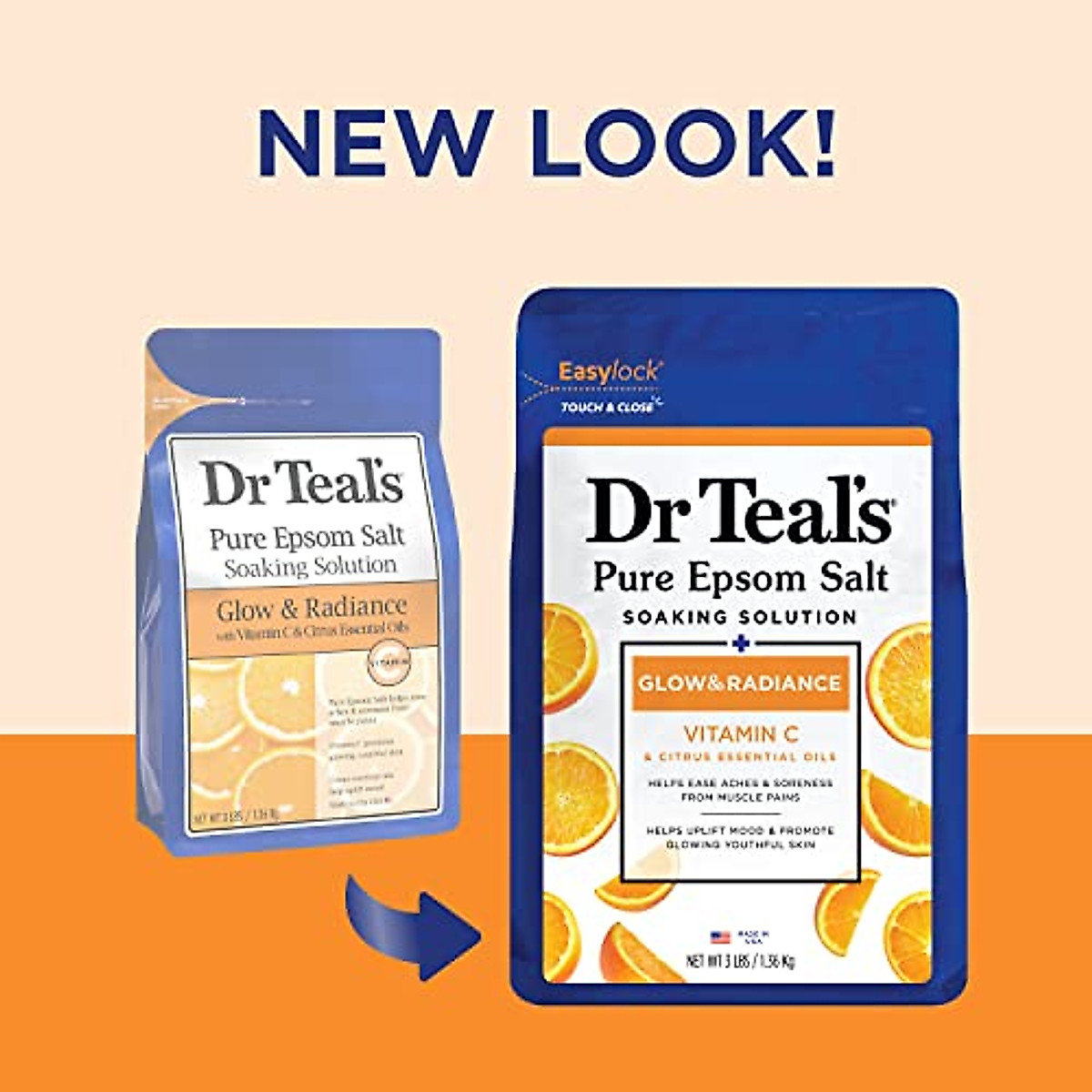 Dr Teal's Salt Soak with Pure Epsom Salt, Glow & Radiance with Vitamin C & Citrus Essential Oils, 3 lbs