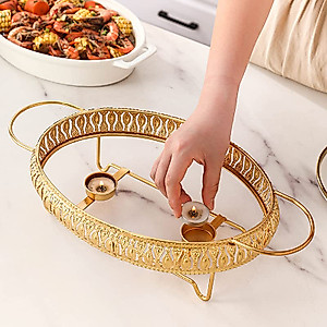 HONHPD 3 Piece Set Stainless Steel Oval Chafing Dish Buffet Set, Ceramic Marble Finish Chafer with Glass Lid, Chafer and Buffet Warmer Set for Buffet Weddings Parties Banquets, Golden