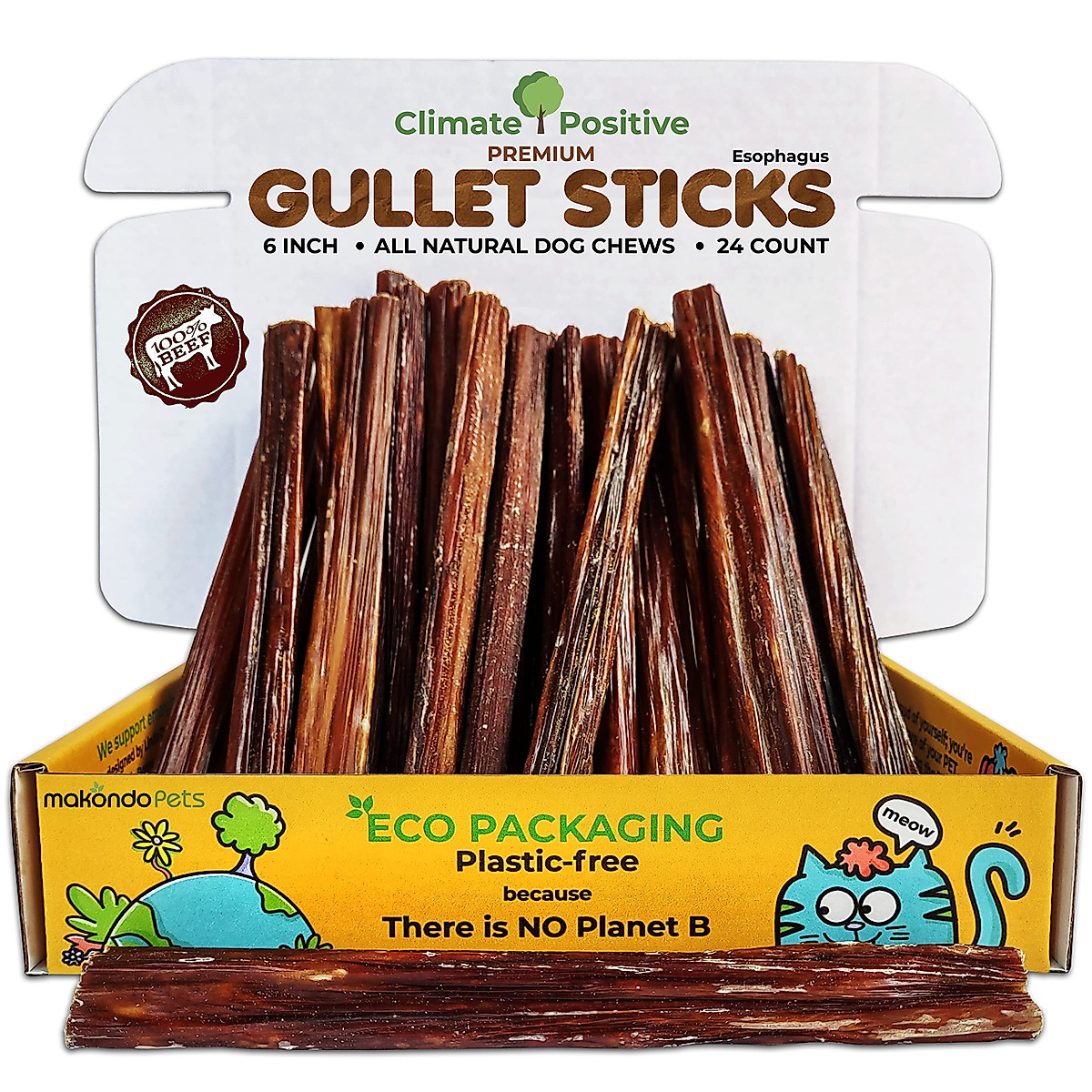 Gullet Sticks 100% Natural Beef Esophagus Dog Chews, 6” Premium Dog Treats for Training Puppies & Adults, Zero Filler or Preservatives, 24 Count