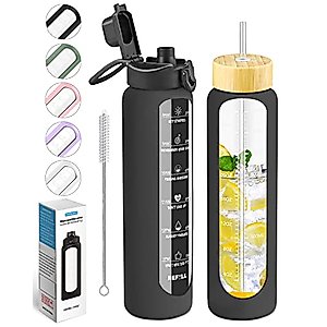 Nefeeko 32 oz Glass Water Bottles with Straw, Motivational Glass Water Bottle with Time Marker, 1 Liter BPA FREE Leakproof Reusable Glass Water Bottle with Silicone Sleeve, Bamboo Lid, Spout Lid