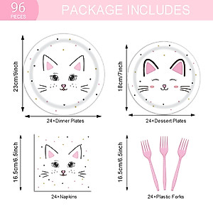 96Pcs Cat Birthday Party Tableware Supplies Animal Theme Dinnerware Set Cat Face Baby Shower Disposable Paper Plates Forks Napkins for 24 Guests Cute Cat Head Birthday Party Favors