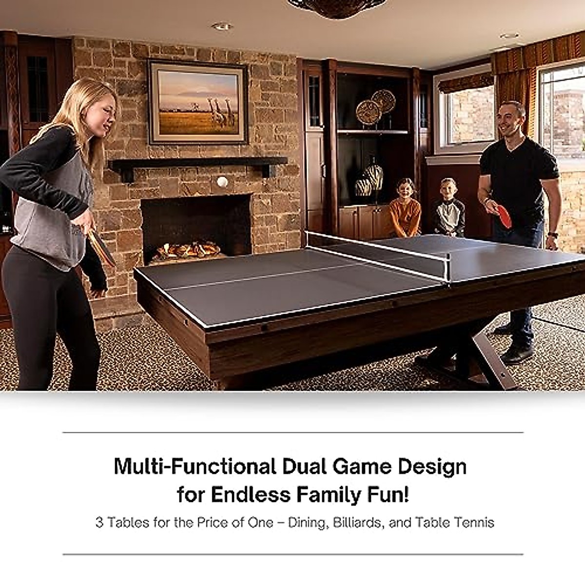 Freetime Fun 3 in 1 Multi Game 7 FT Pool Table with Dining Top and Ping Pong Table with Benches, Includes Billiard Accessories and Tennis Paddles - Combo Table (Espresso)